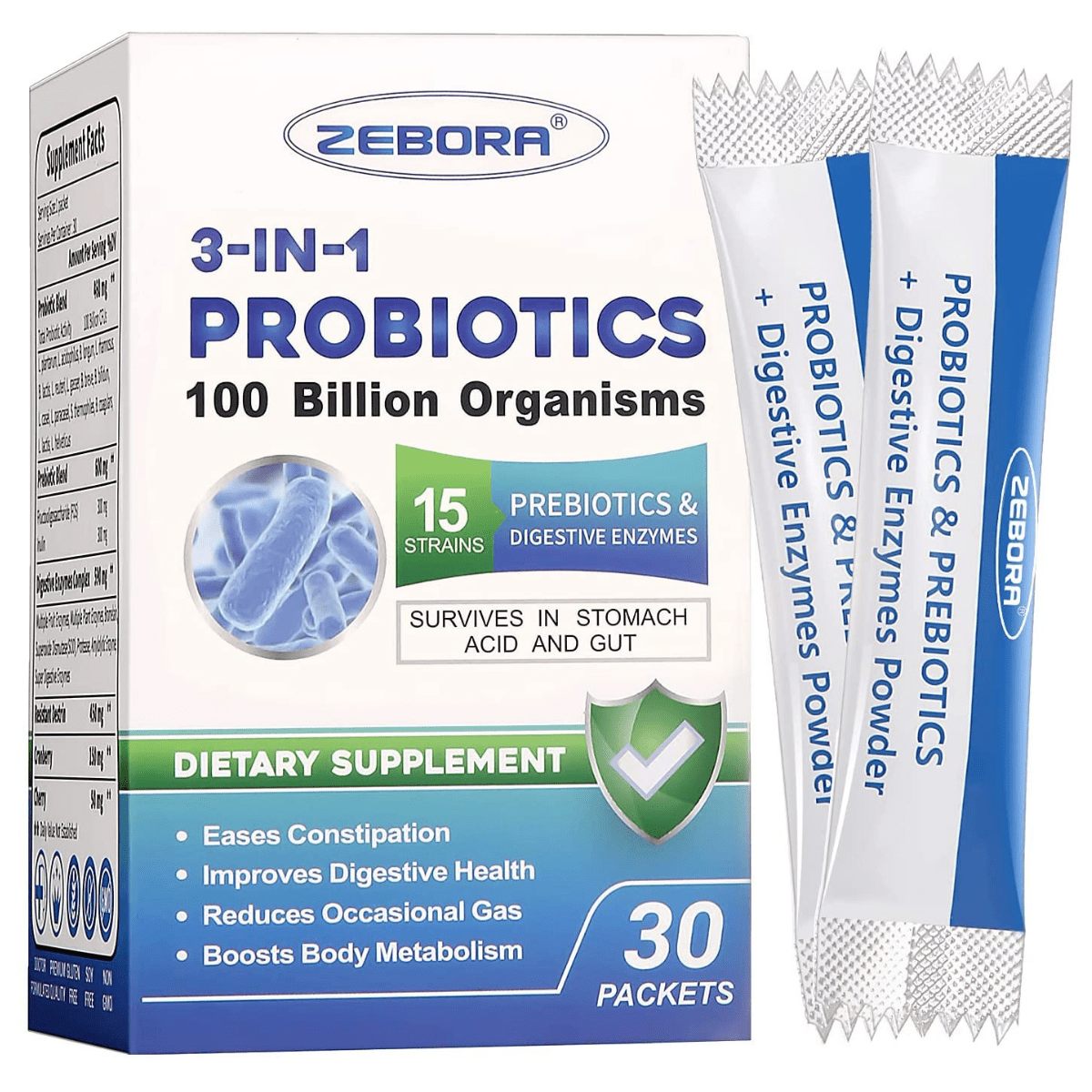 ZEBORA 3 in 1 Probiotics with Prebiotics - 30 Paquetes | Puro Estado Fisico