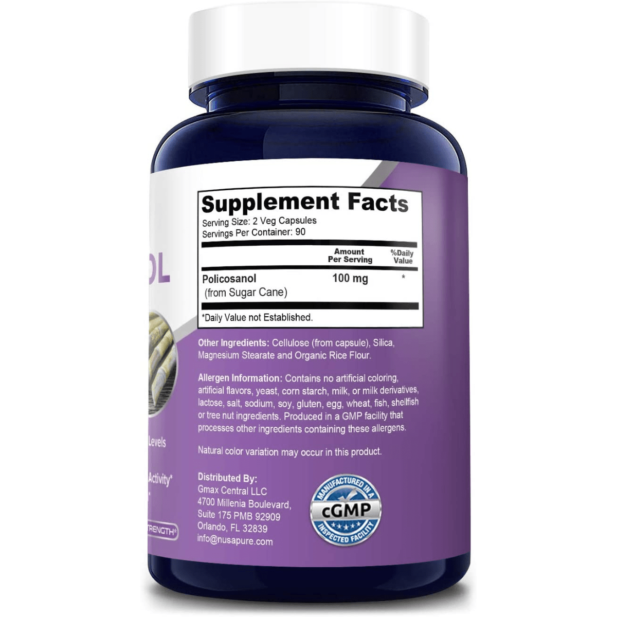 NusaPure Policosanol 100 mg - 180 Cápsulas Vegetales | Puro Estado Fisico