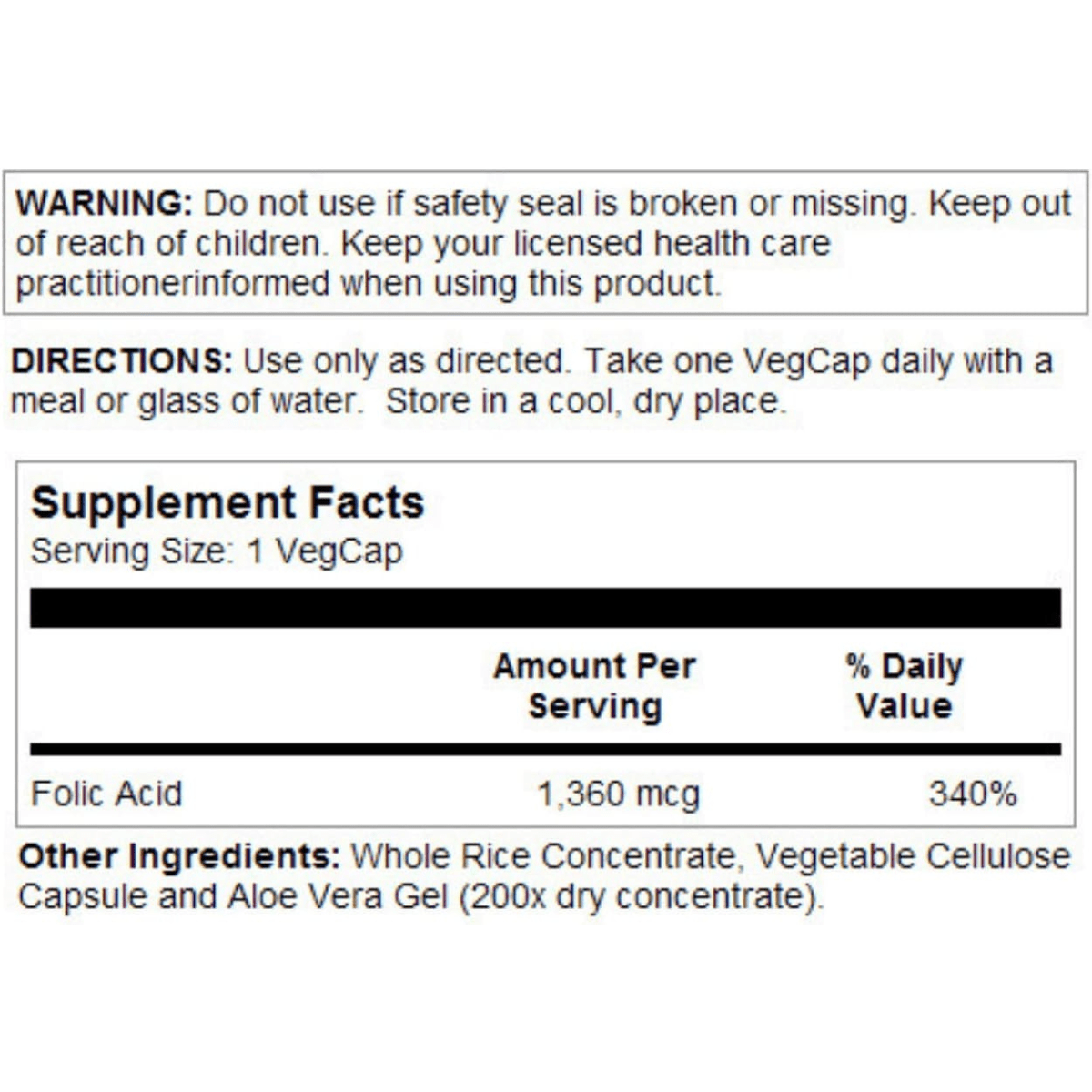 Solaray Folic Acid 1360 mcg - 100 Cápsulas Veganas | Puro Estado Fisico
