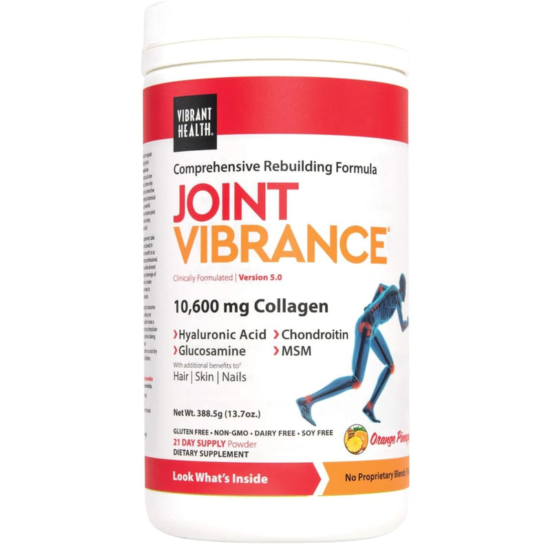 Frasco de suplemento Vibrant Health Joint Vibrance sabor naranja piña 388 g